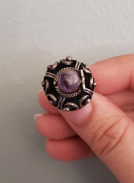 Mexican Amethyst Sterling Silver Poison Drug Ring - Gem