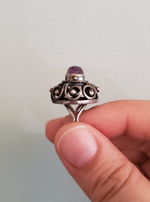 Mexican Amethyst Sterling Silver Poison Drug Ring - Gem
