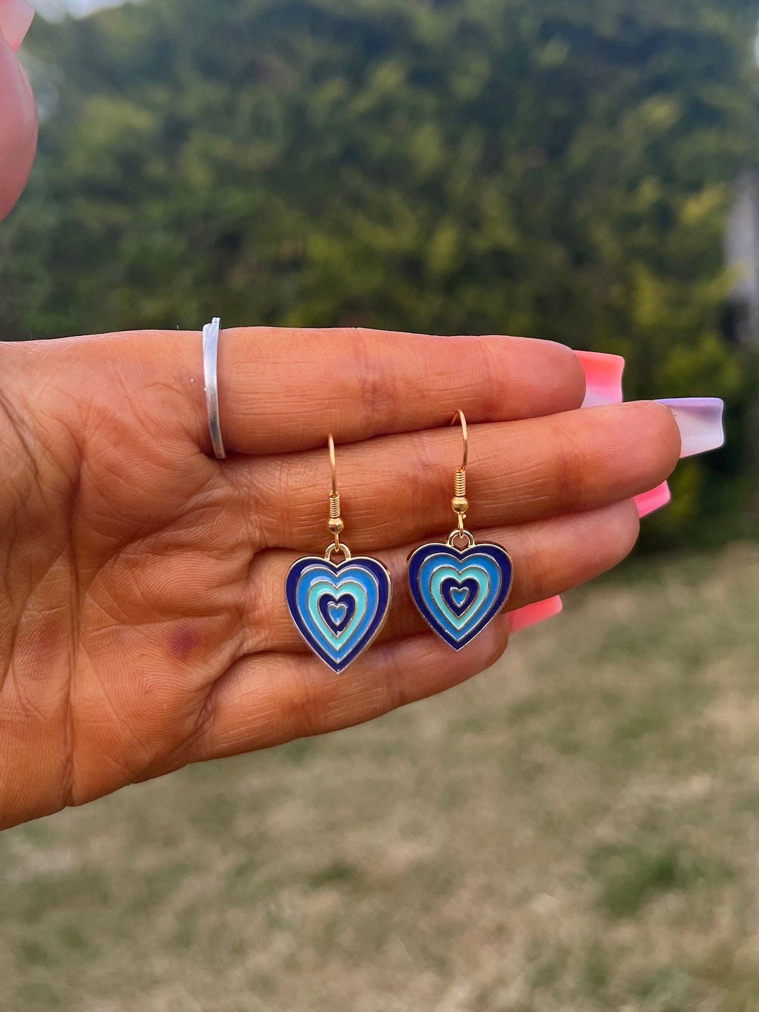 Quirky 70s Dark Blue Light Blue Gold Plated Hearts Funky Wacky ...