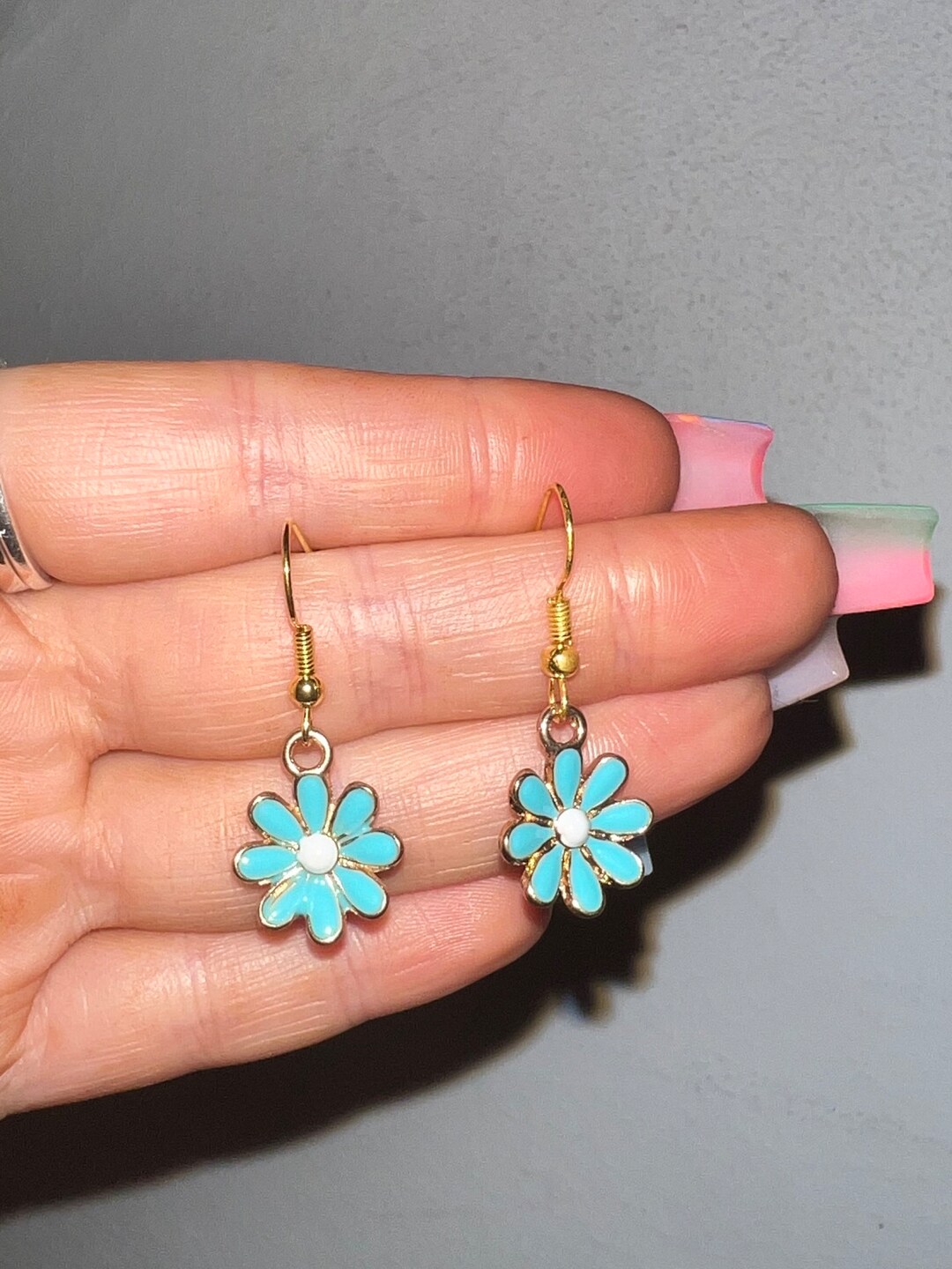 Blue Mini Flowers Gold Plated Hearts Funky Wacky Jewellery Handmade ...