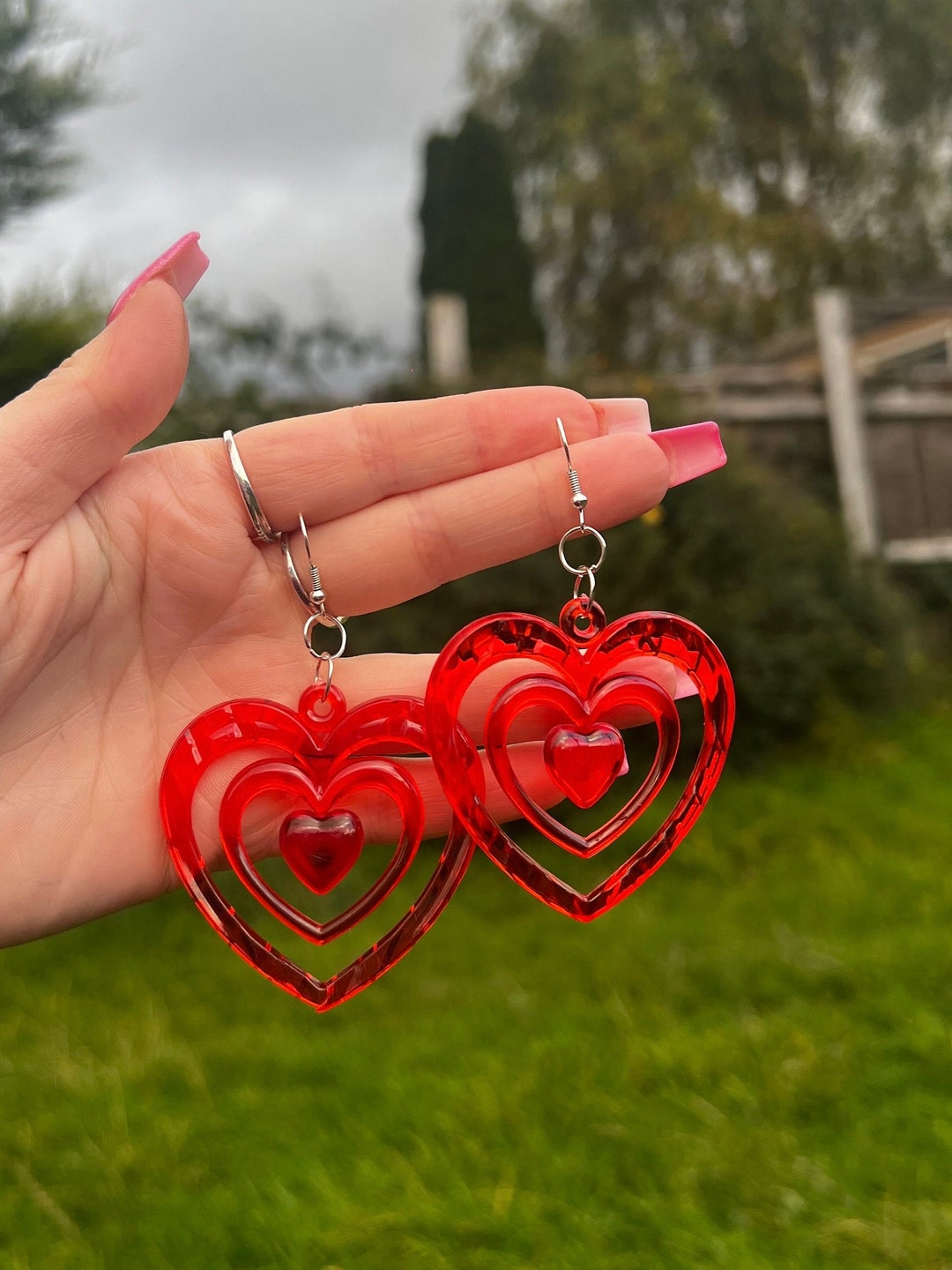 Quirky 70s Red GIANT BIG 3D ACRYLIC Hearts Funky Wacky Jewellery ...