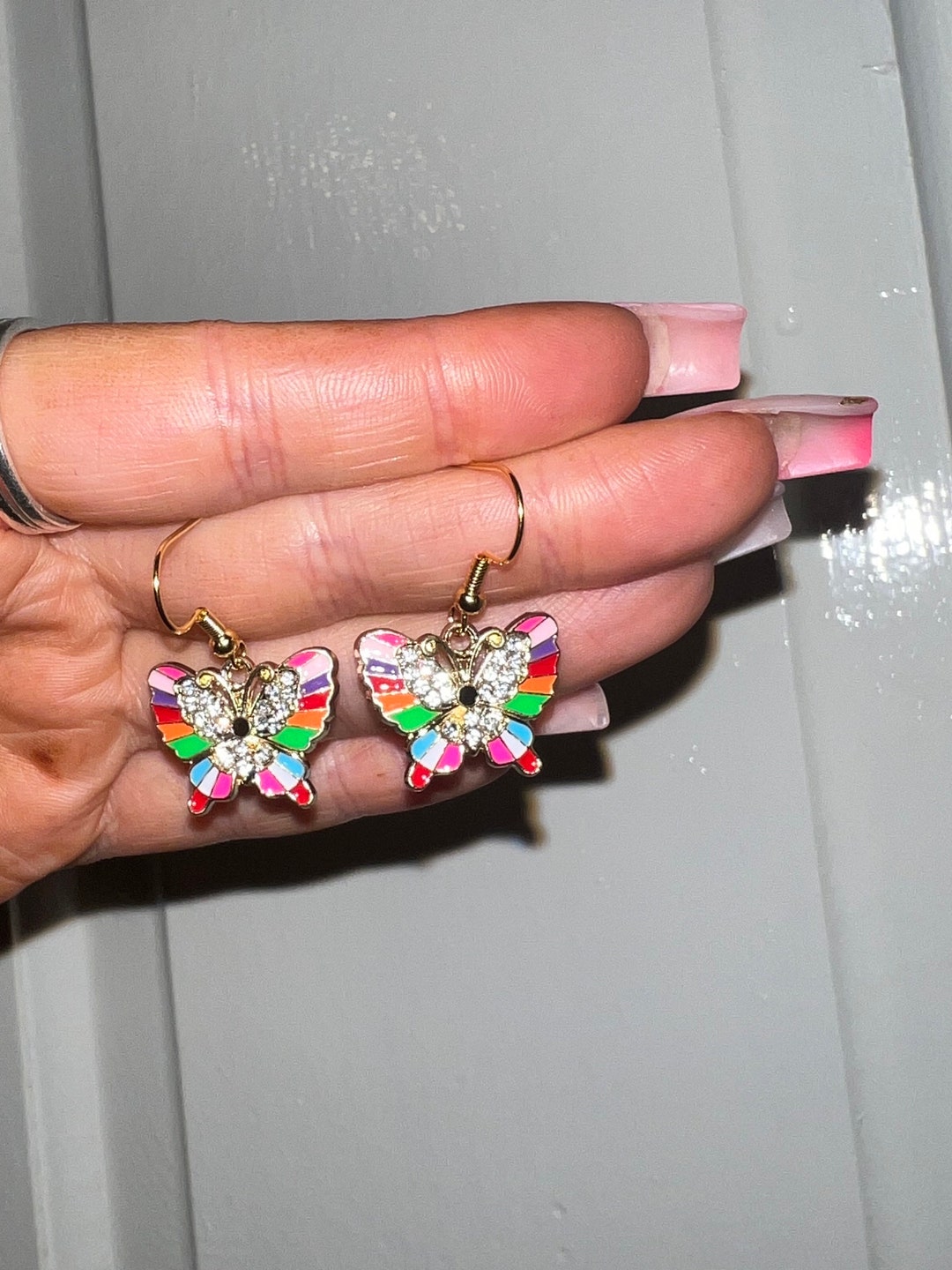 Rainbow Glitter Butterflies Cute Gold Plated Earrings Charms Cute Sweet ...