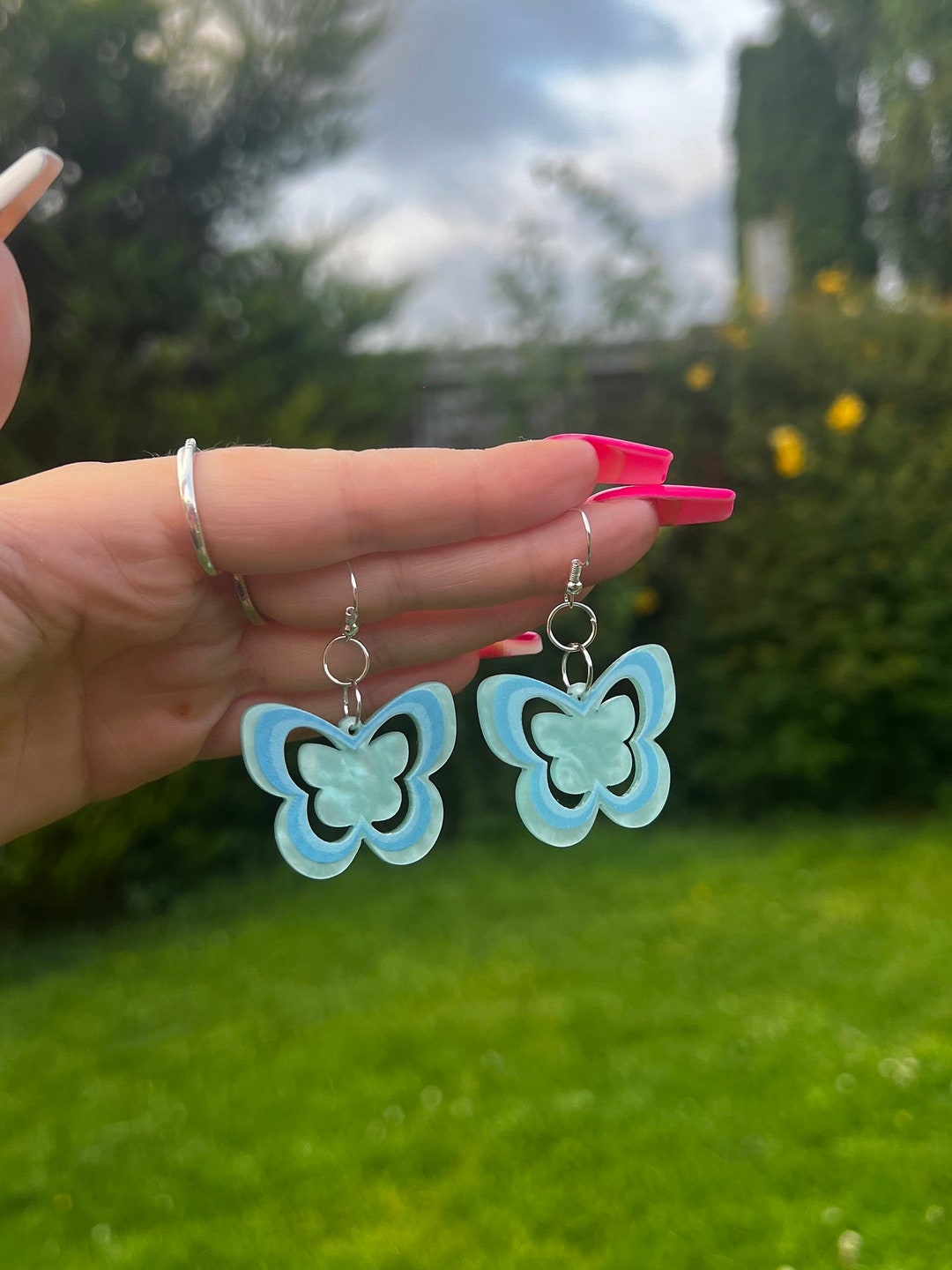 Quirky 70s Blue GIANT BIG 3D ACRYLIC Butterflies Funky Wacky Jewellery ...