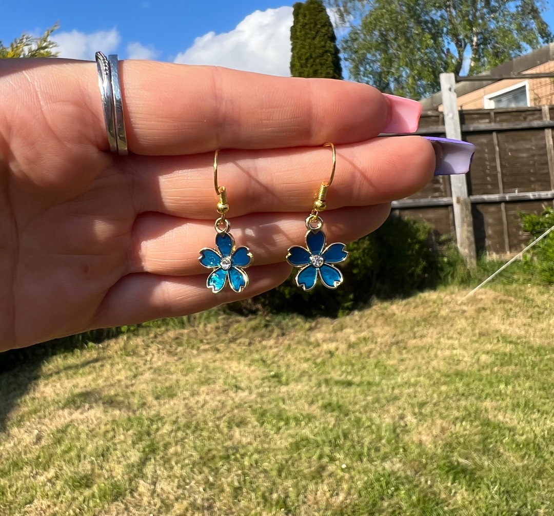 Quirky Blue Flowers Gold Plated Hearts Funky Wacky Jewellery Handmade ...