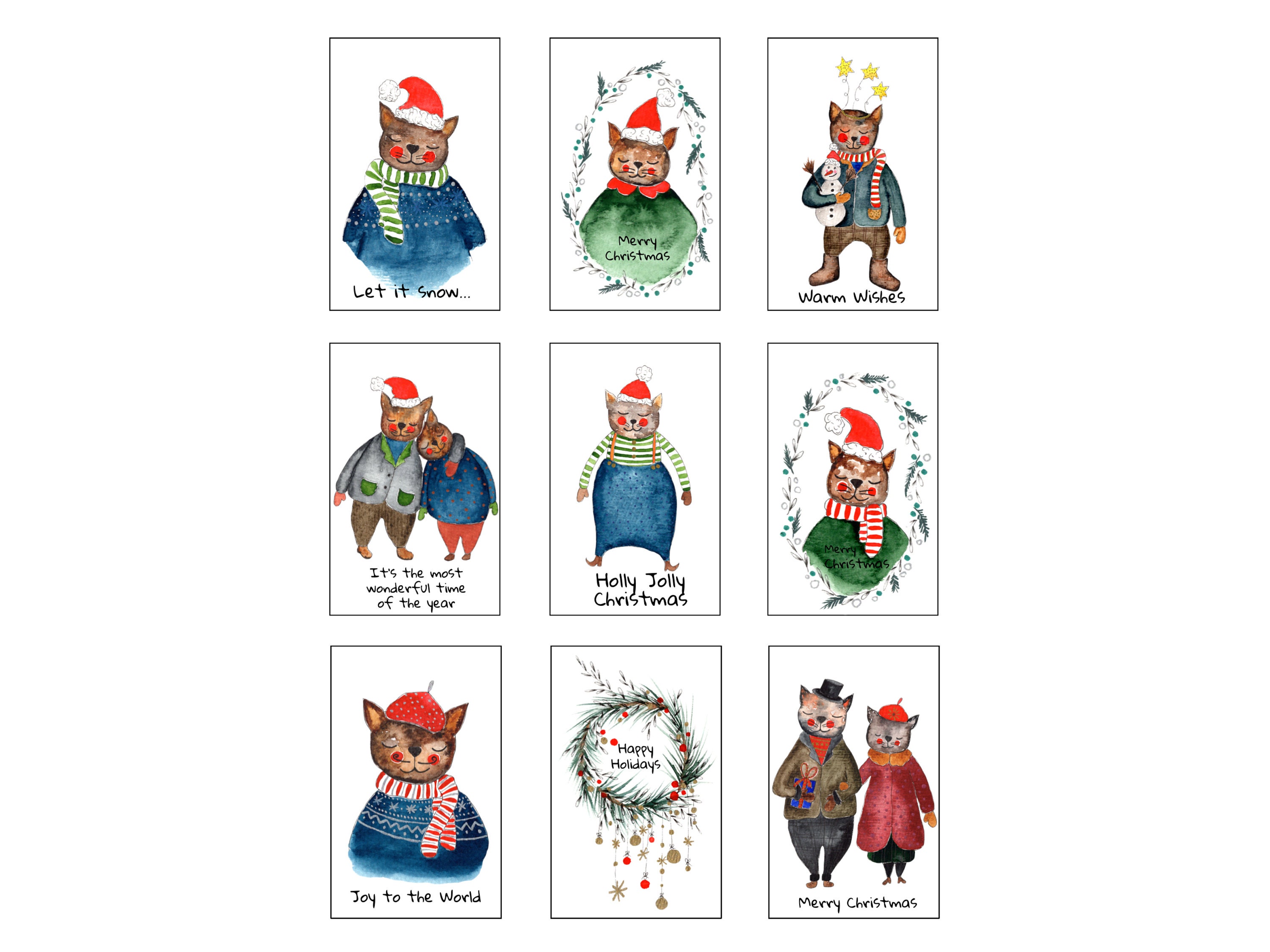 Printable Hand-painted Christmas Cat Gift Tags in English Festive Cats ...