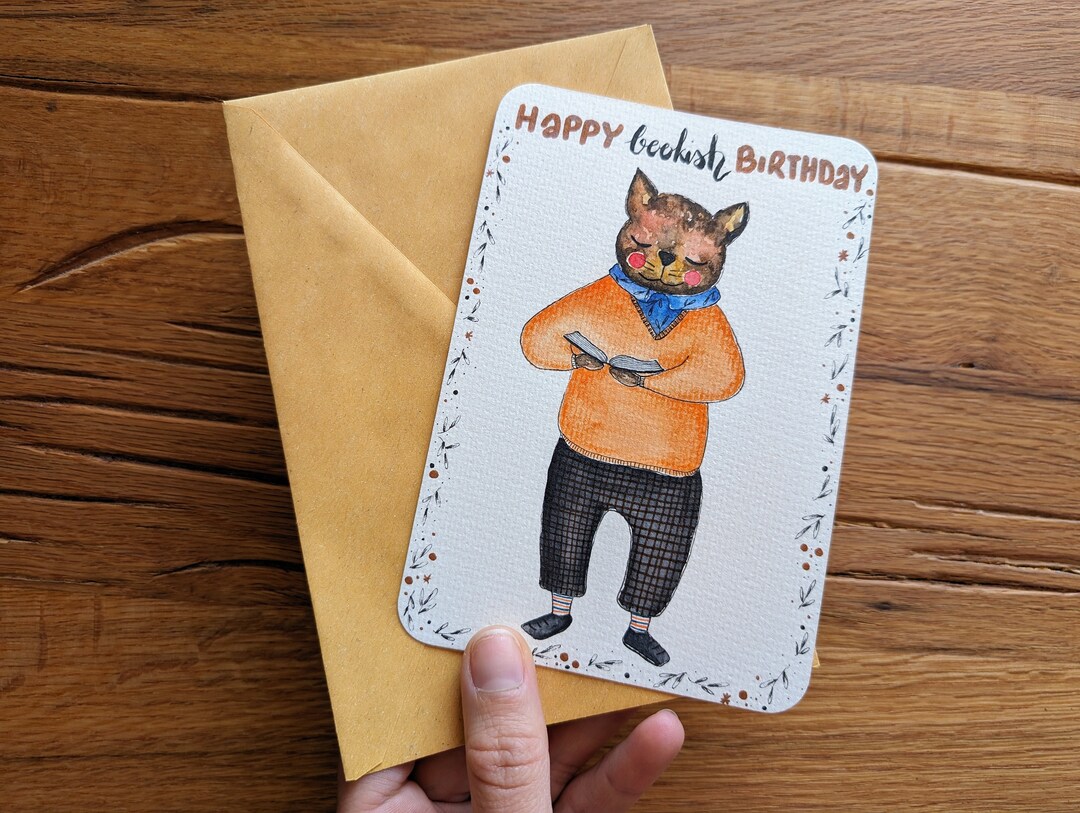 Hand-painted Cat Reading Birthday Card | Warm Autumn Colors | Perfect ...