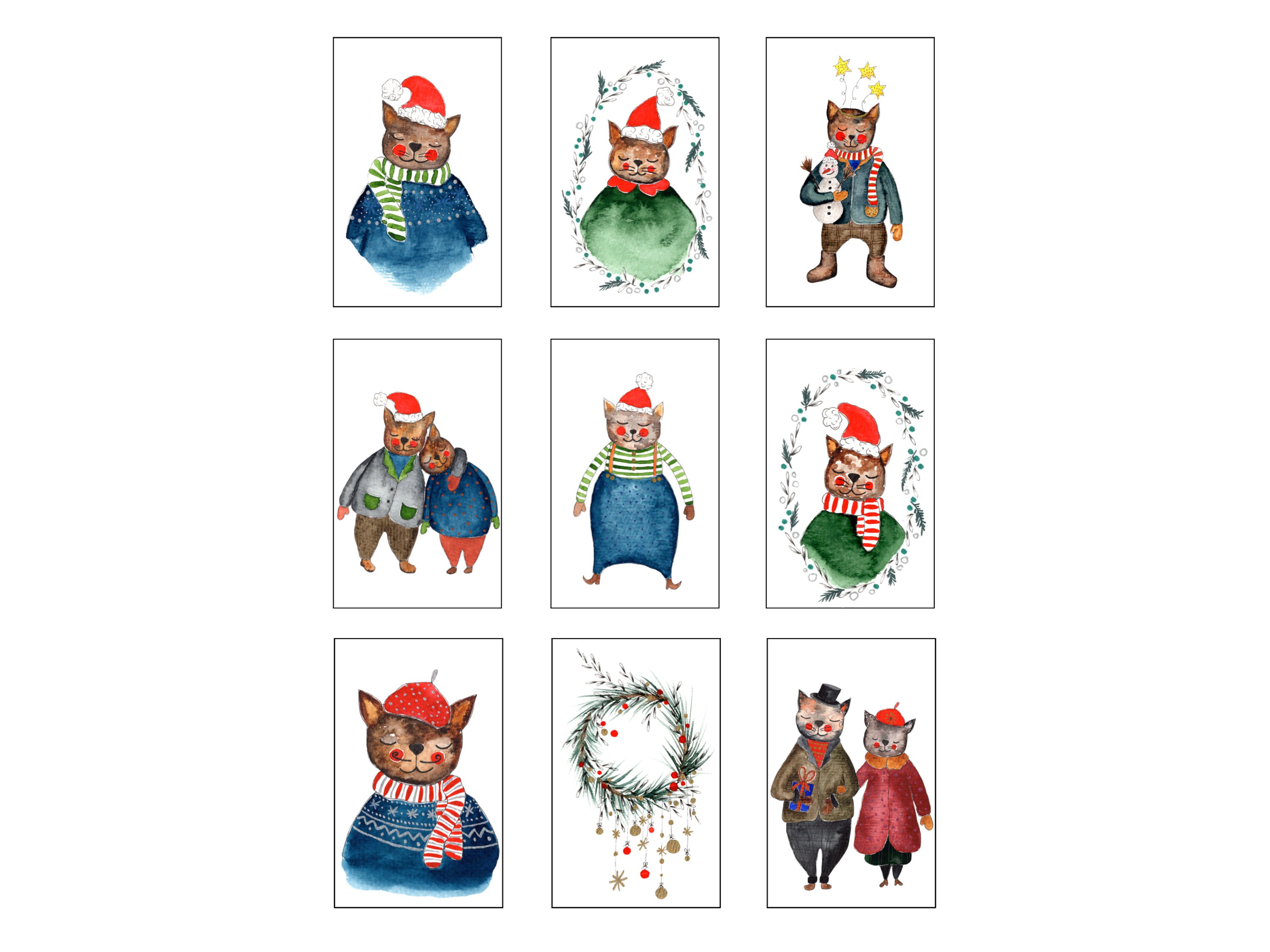 Printable Hand-painted Christmas Cat Gift Tags in English Festive Cats ...