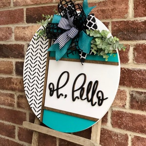 Front Door Decor, Oh Hello Door Hanger, Herringbone Welcome Sign, Front ...