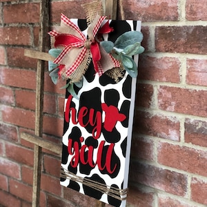 Front Door Decor, Cow Print Hey Y’all Door Hanger, Door Wreath, Front ...