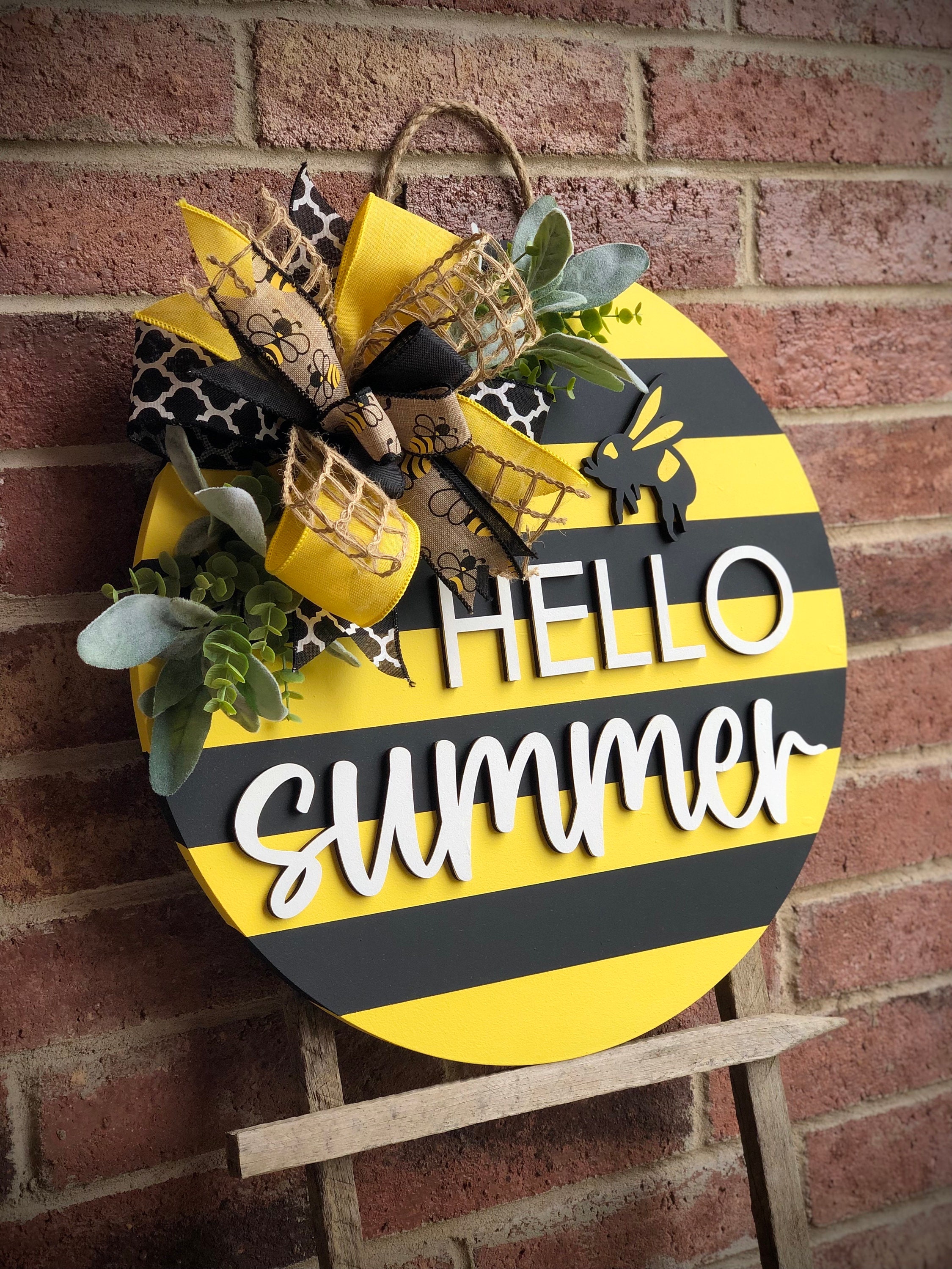 Front Door Decor, Bee Hello Summer Door Hanger, Summer Wreath Porch ...