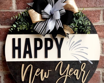 New Years Wreath, New Year’s Front Door Decor, Happy New Years Wreath ...