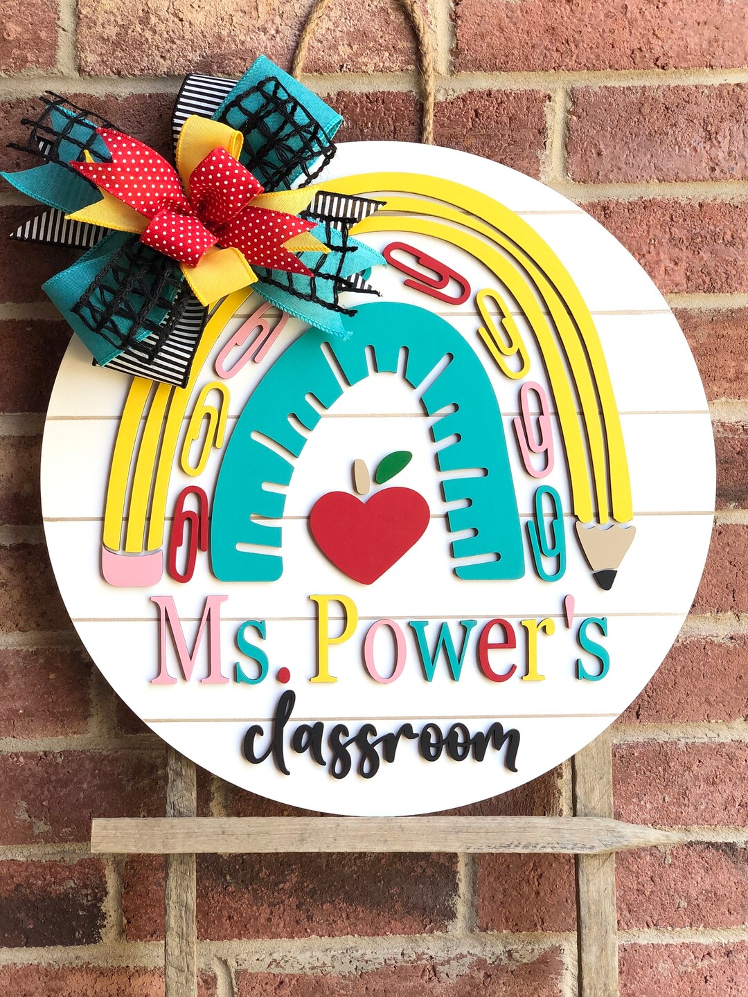 Personalized Wooden Round Door Hanger for Teacher's Classroom, Rainbow ...