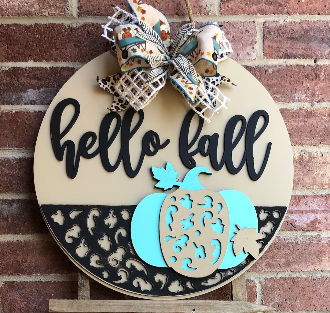 Fall Front Door Decor, Hello Fall Door Hanger, Leopard Pumpkin Door ...