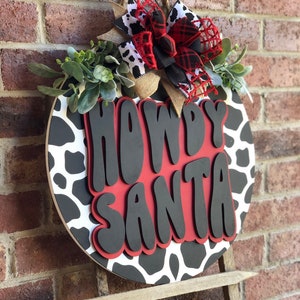 Retro Howdy Santa Door Hanger, Cow Print Merry Christmas Front Door ...