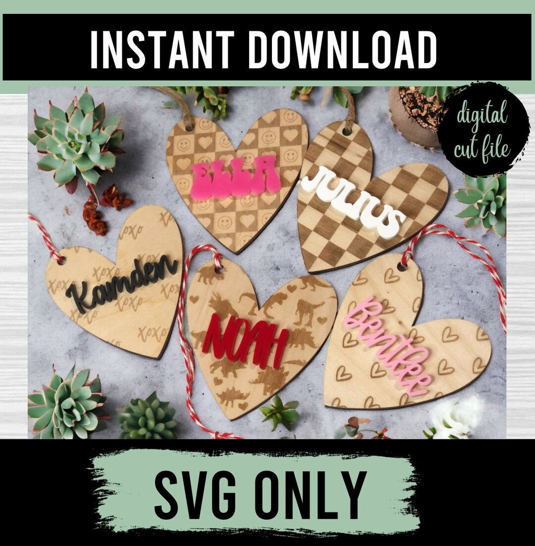 SVG Valentine Heart Shaped Name Tags, SVG Cut File, Glowforge Laser ...
