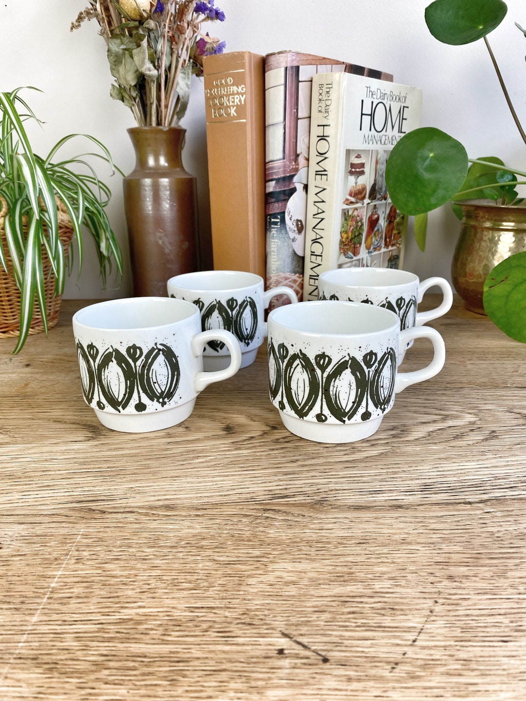 Biltons Vintage Ironstone Tableware - Set of 4 Olive Green Ceramic Cups ...