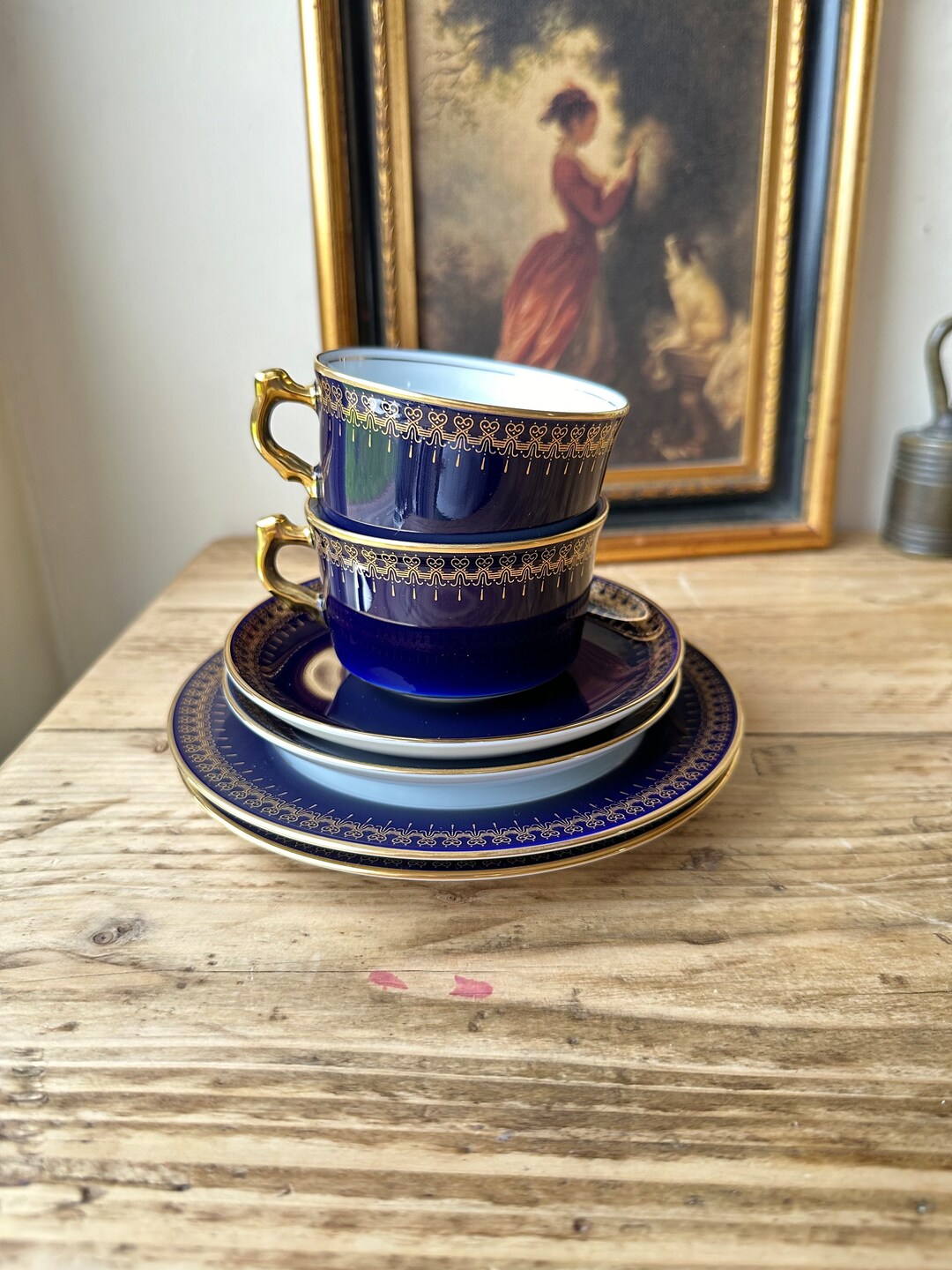 Pair of Vintage Romanov Collection Cobalt Blue Cup, Saucer and Side ...