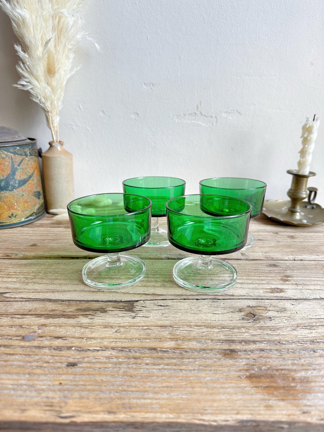 Luminarc Vintage Set of Four Emerald Green Dessert Glass Cups With ...