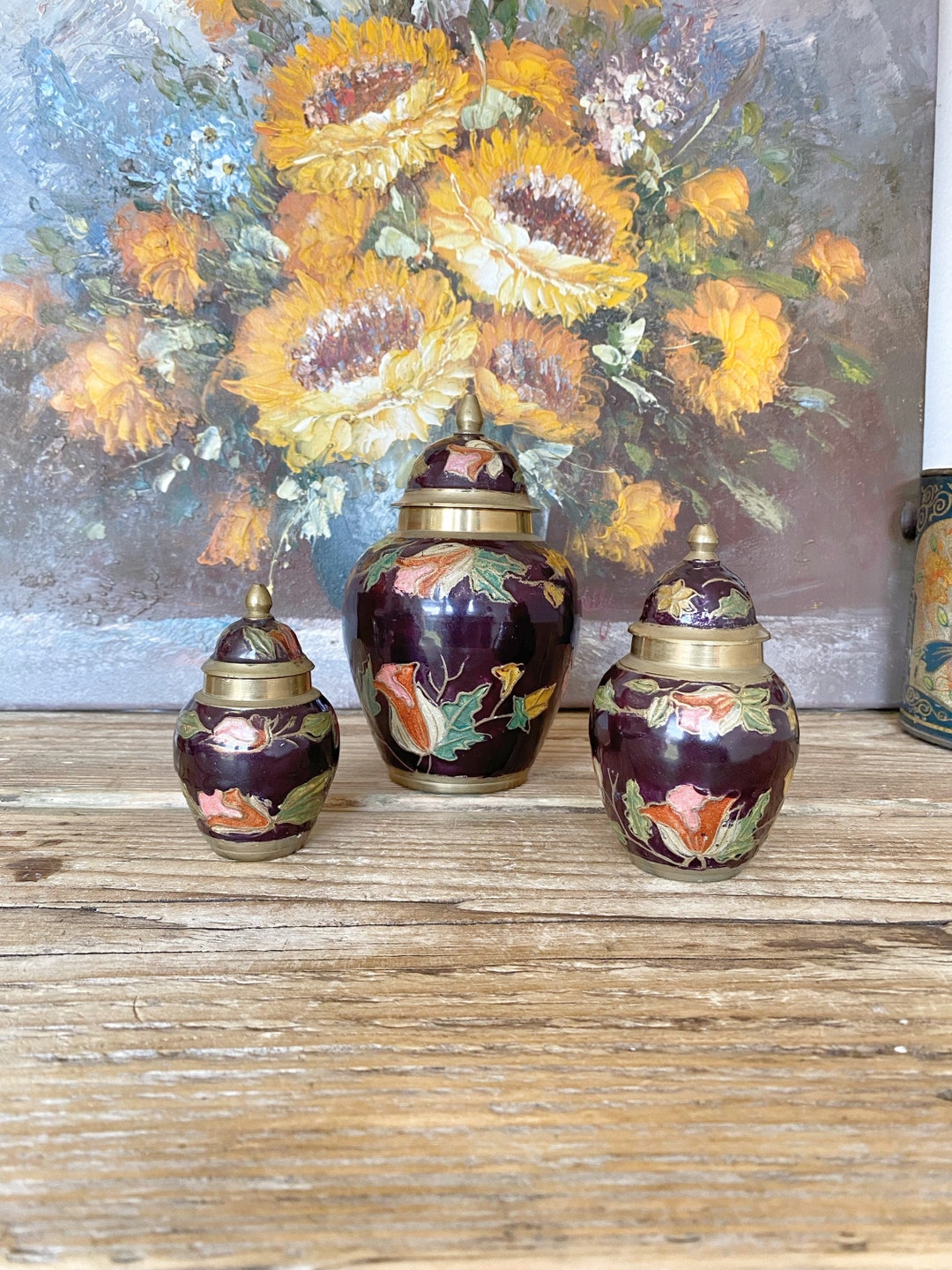 Vintage Trio of Brass and Enamel Jars - Indian Brass Pot - Three Floral ...