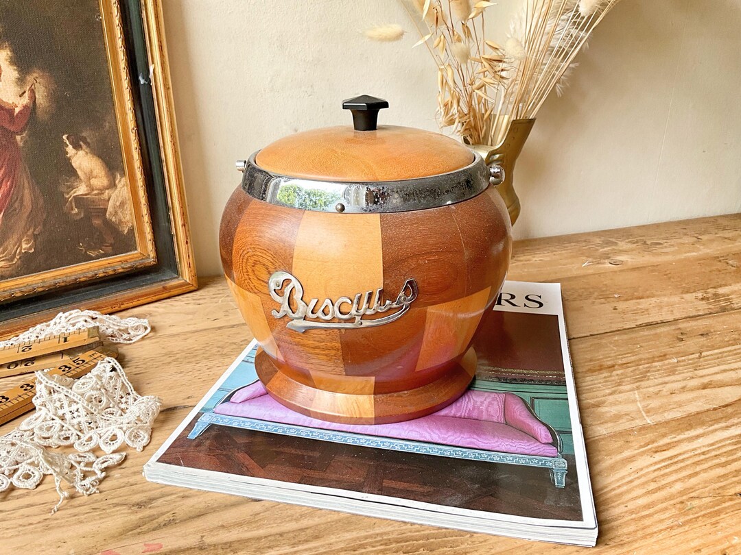 Vintage Wooden Biscuit Barrel - Lined Snack Container - Retro Kitchen ...