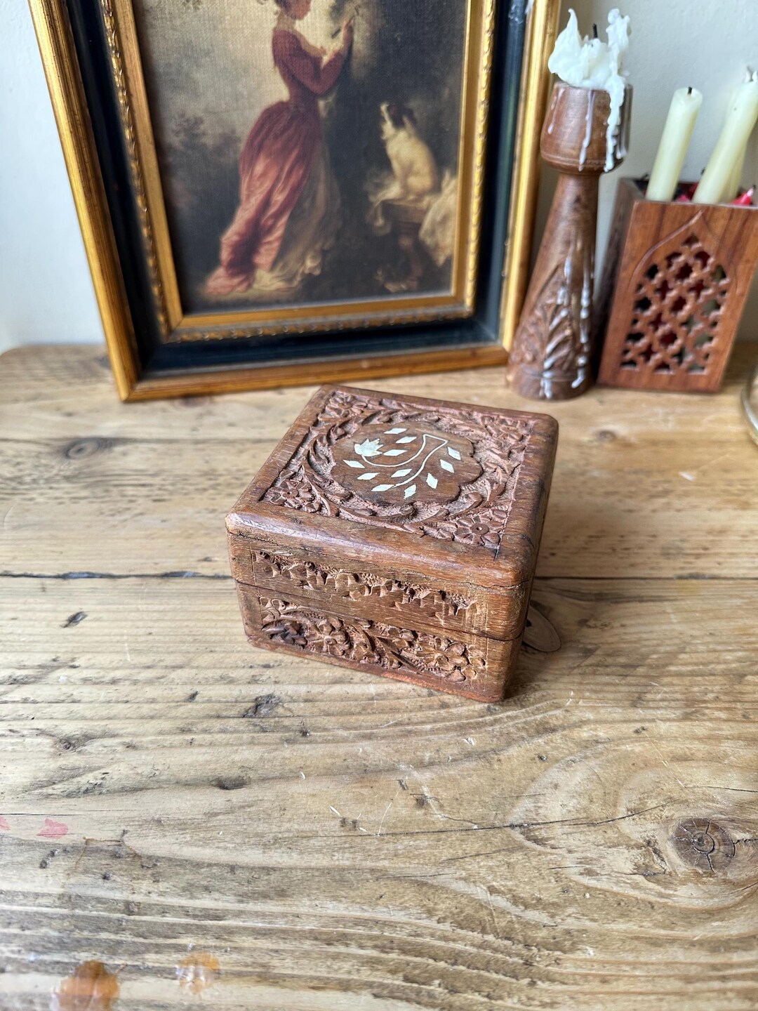Hand Carved Wooden Box Ornate Design With Hinged Lid Opening Wood ...