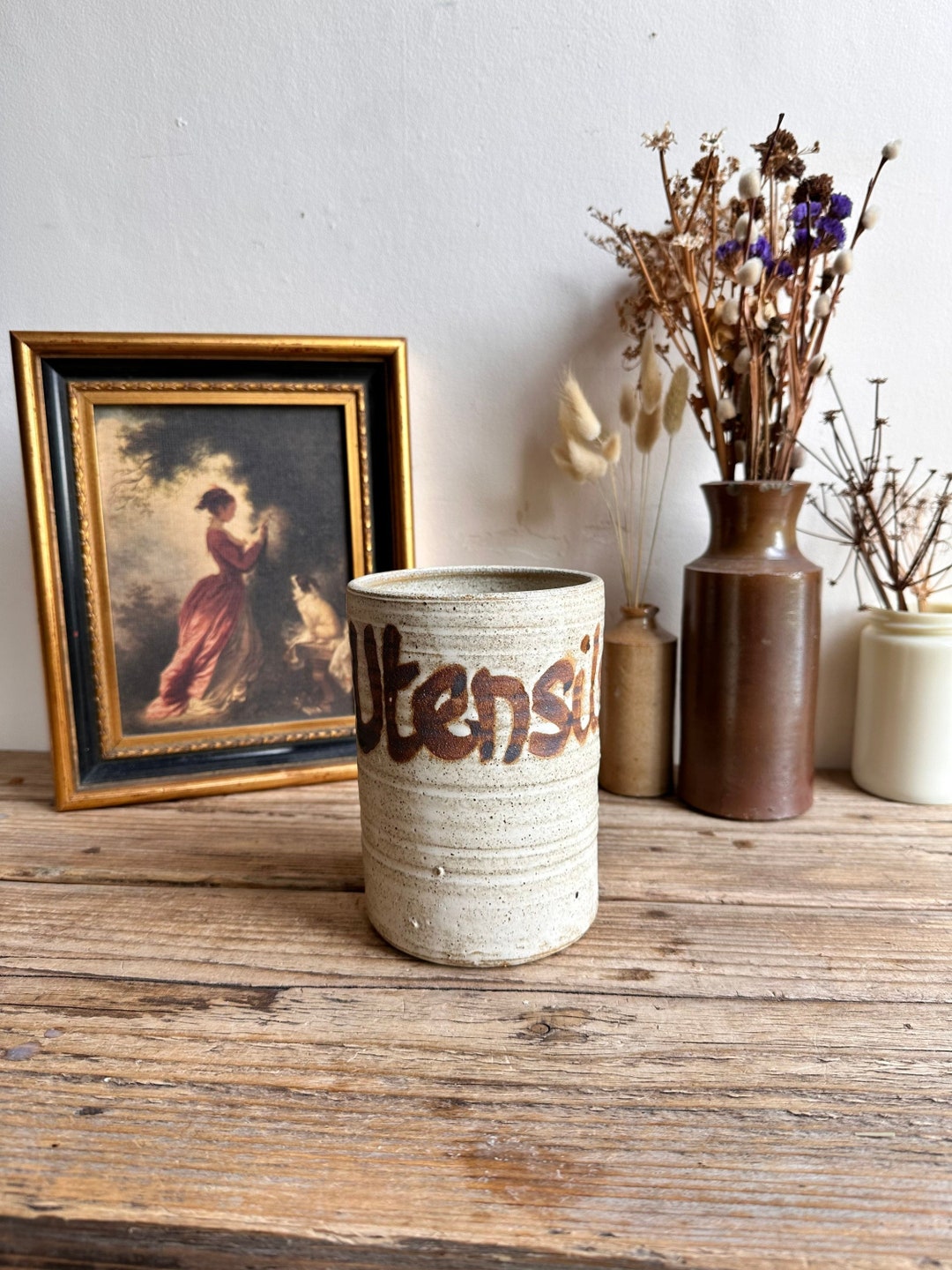 Vintage Stoneware Kitchen Utensil Storage Jar - Retro Kitchen Decor Pot ...