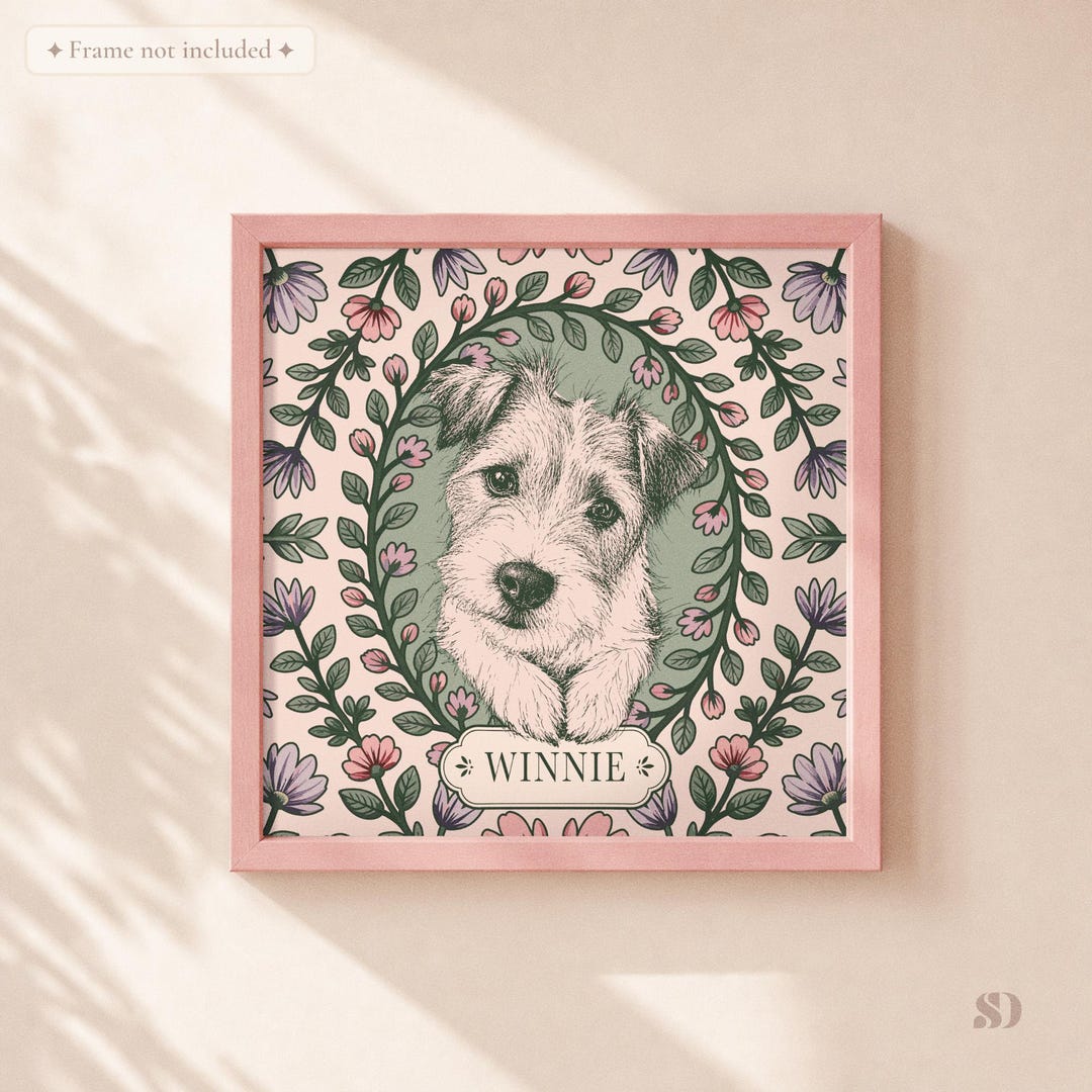Custom Dog Portrait Poster | Personalized Floral Pet Wall Art | Vintage ...