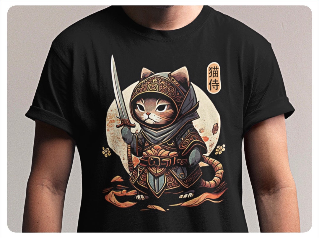 Samurai Cat T-shirt, Japanese Kawaii Ninja Cat T-shirt, Samurai Cat ...