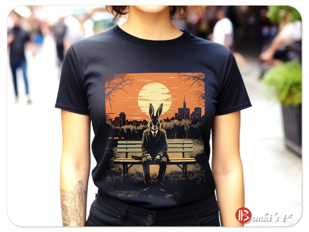 Bunny Shirt, Bunny in the City T-shirt, Rabbit on Park Bench, Bunny ...