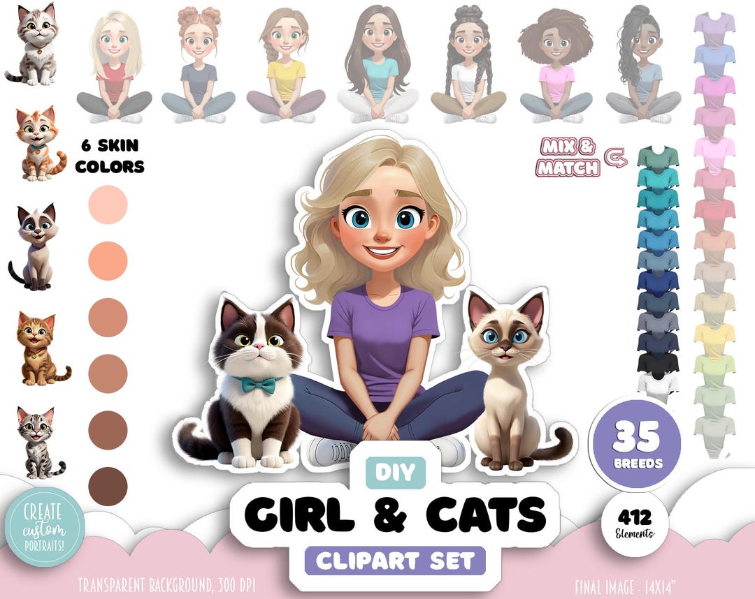 Girl and Cat Best Friends Clipart | Personalized Pet Clipart, Custom ...