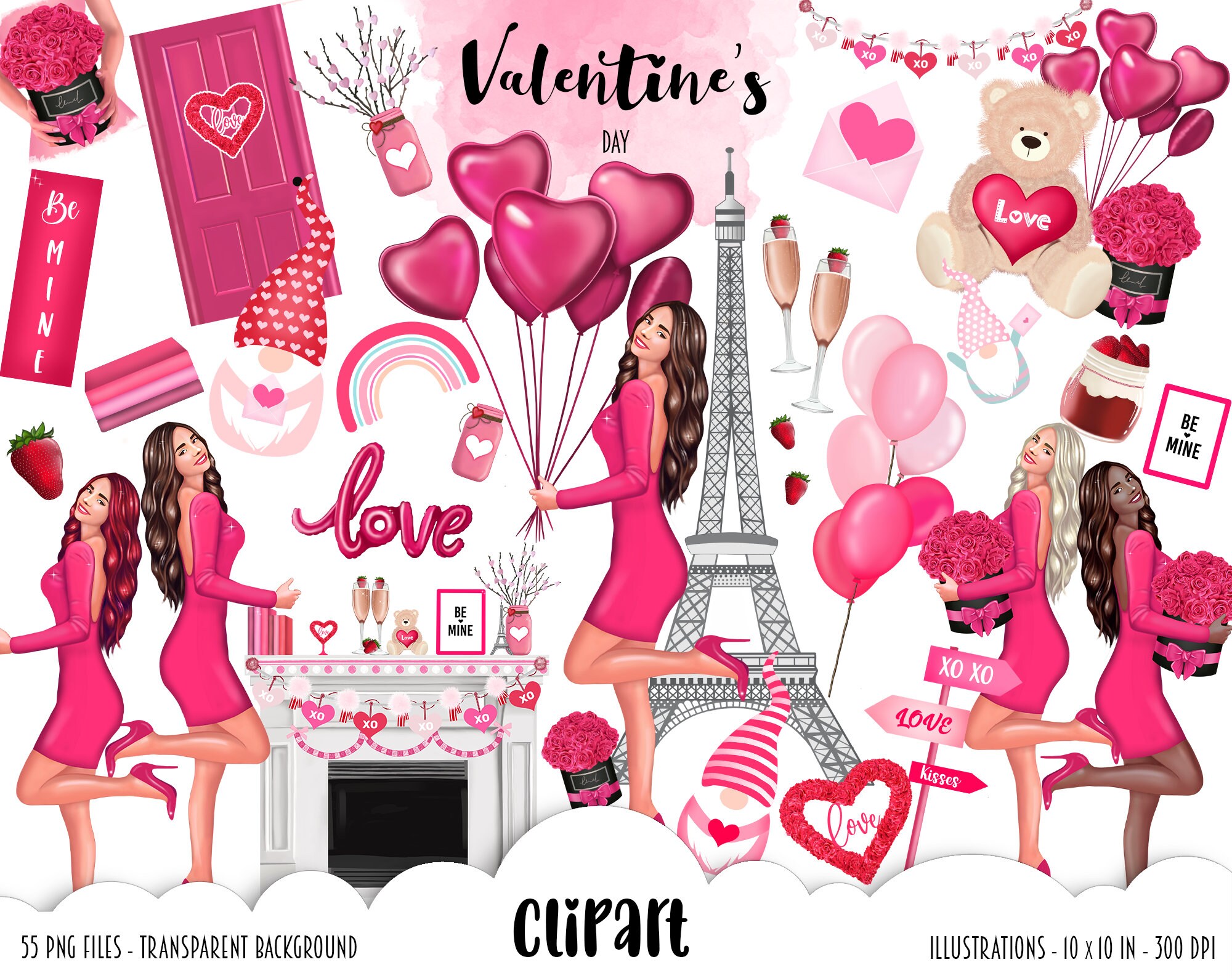 VALENTINES DAY Clipart Fashion Girl Illustration Valentine - Etsy