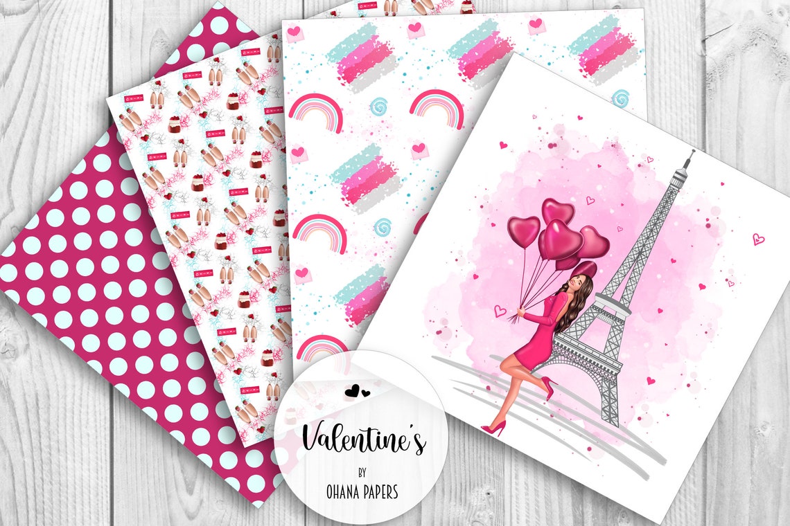 VALENTINES DAY Digital Paper Pack, Fashion Illustration Girl, Romantic ...