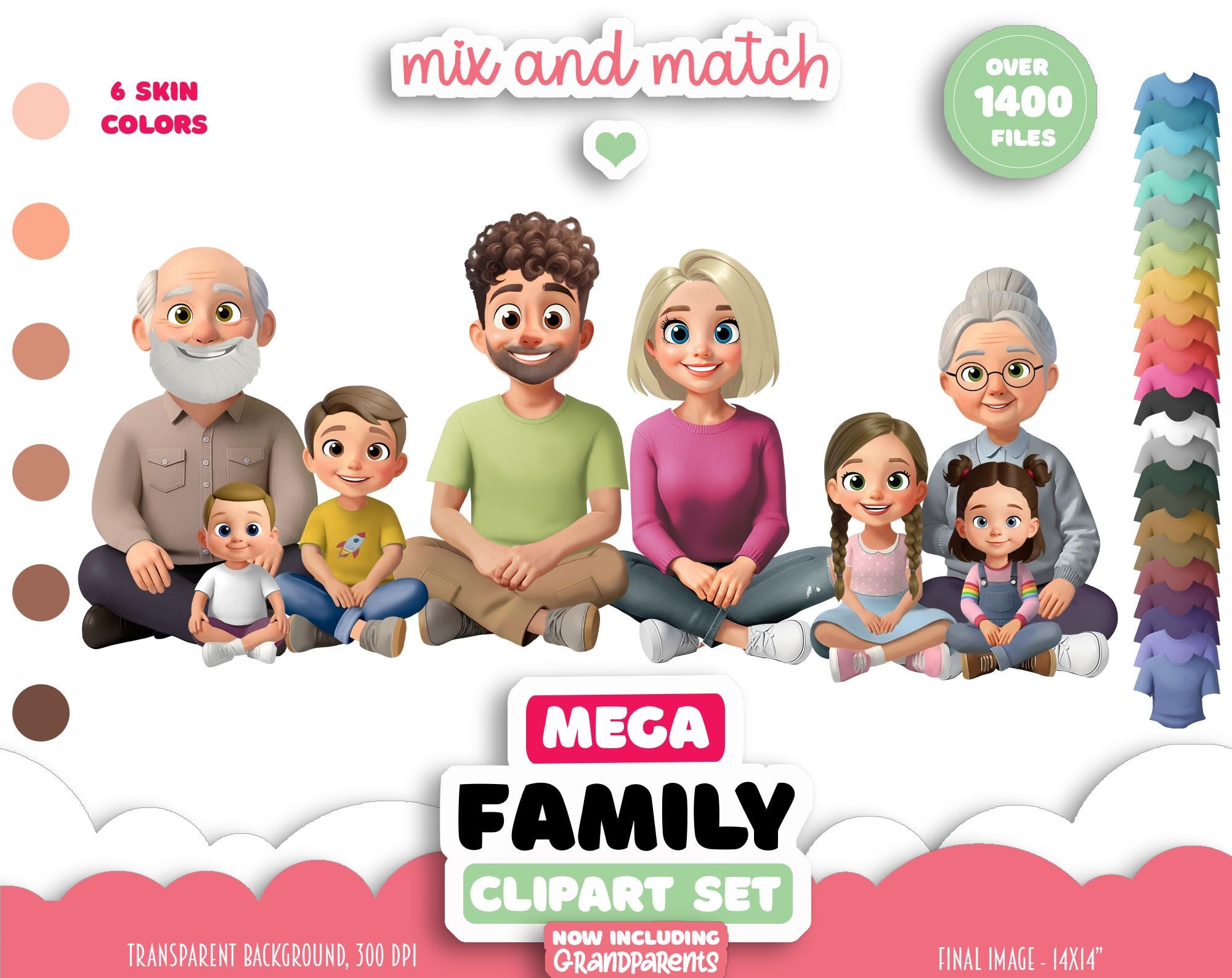 Family Clipart Set | Grandparents, Parents, Kids, Sitting Front View ...