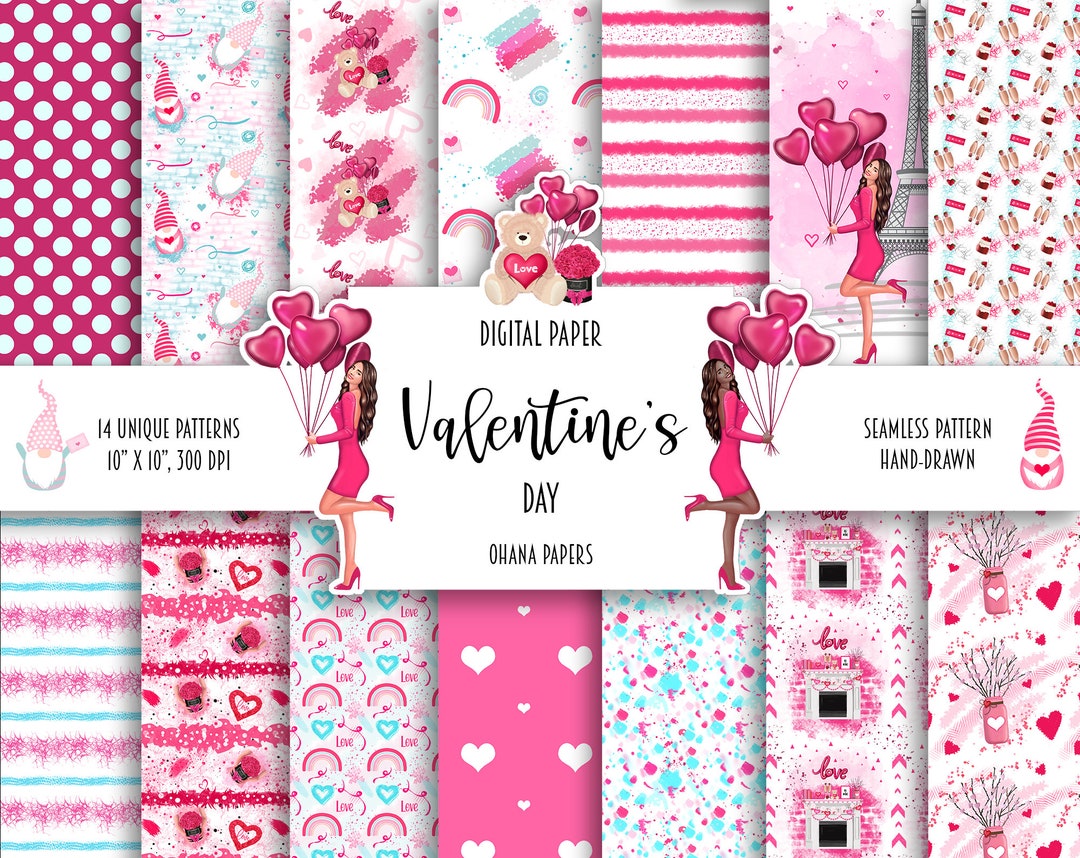 VALENTINES DAY Digital Paper Pack, Fashion Illustration Girl, Romantic ...