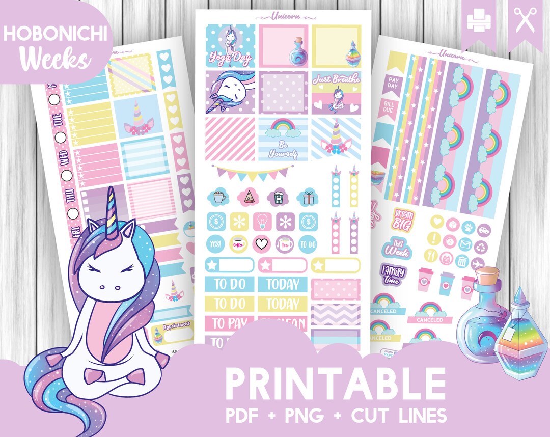 UNICORN YOGA Printable Planner Stickers Weekly Kit HOBONICHI Weeks ...