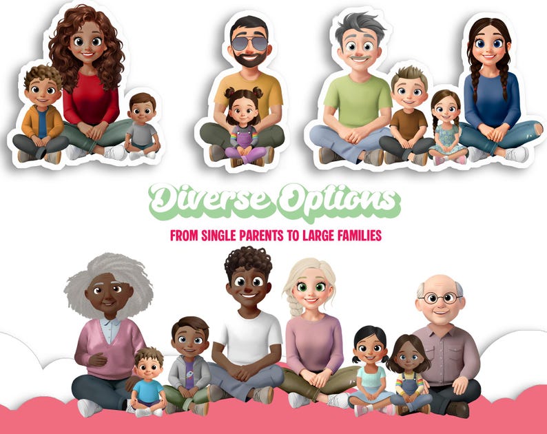 Family Clipart Set | Grandparents, Parents, Kids, Sitting Front View ...