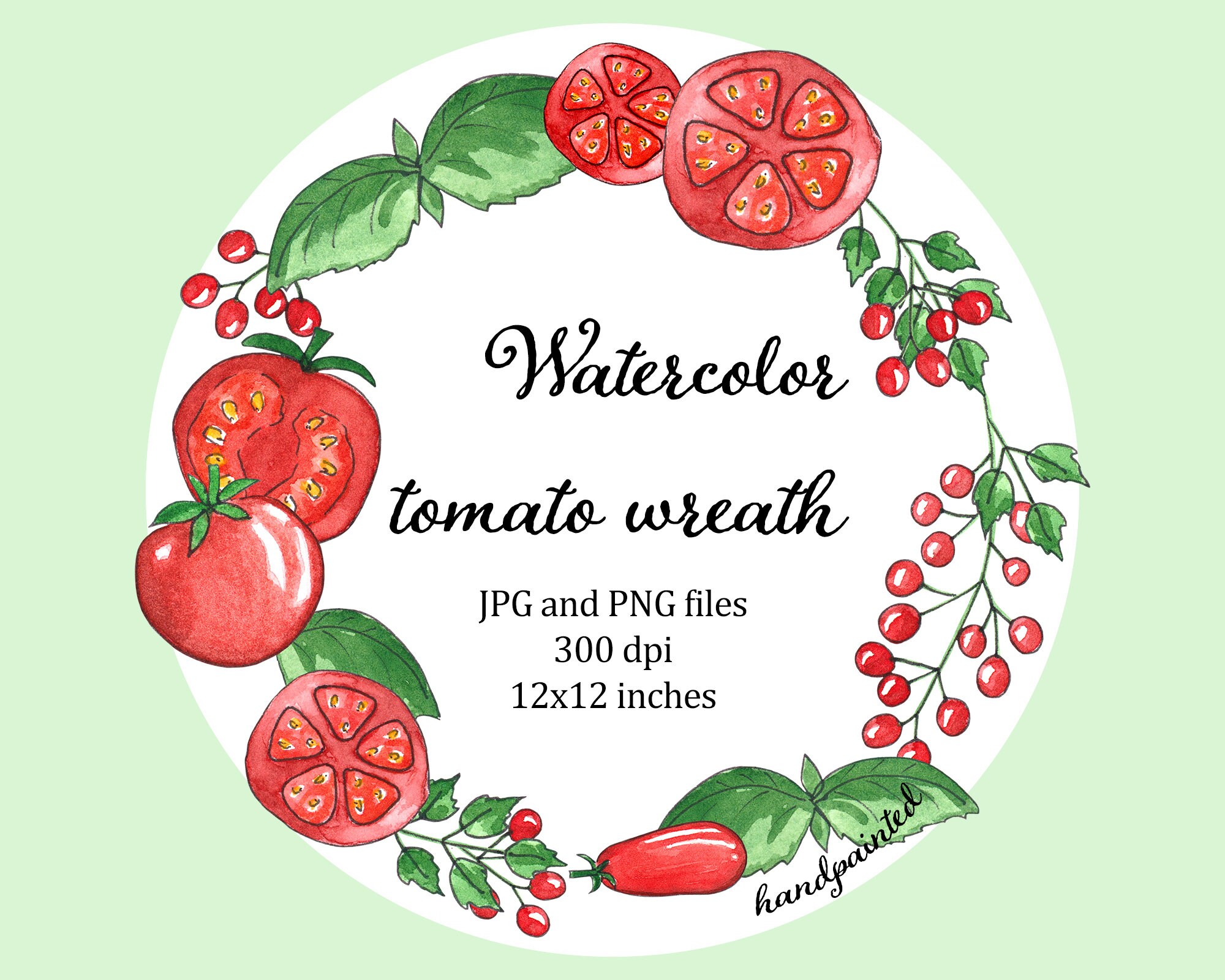 WATERCOLOR TOMATO WREATH With Png and Jpeg Files. Colorful Italian ...