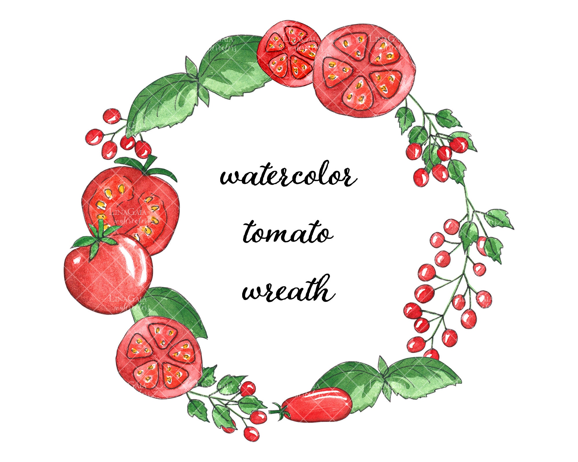 WATERCOLOR TOMATO WREATH With Png and Jpeg Files. Colorful Italian ...