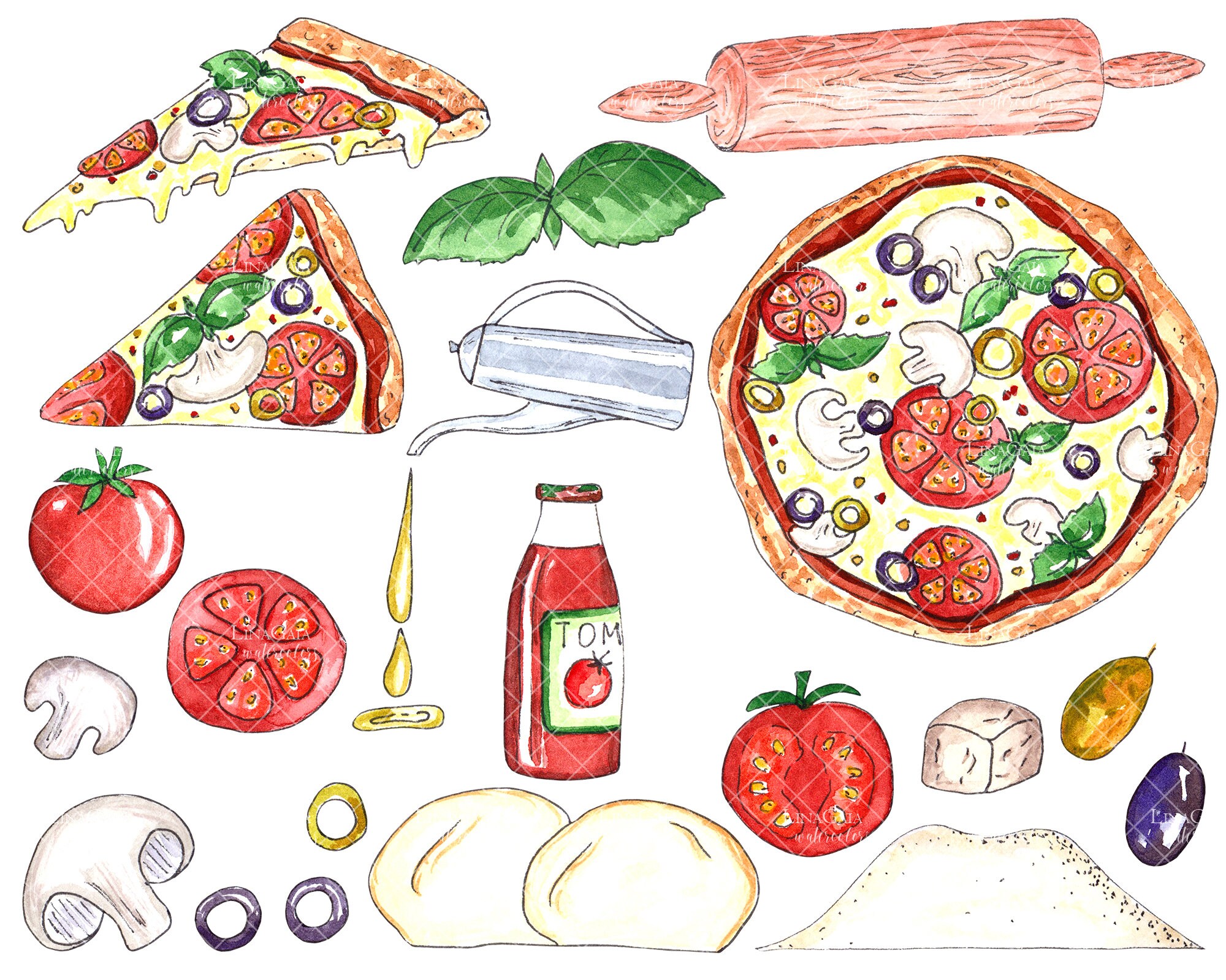 ITALIAN PIZZA Clipart Set With Pizza, Tomatoes, Basil, Olives and More ...