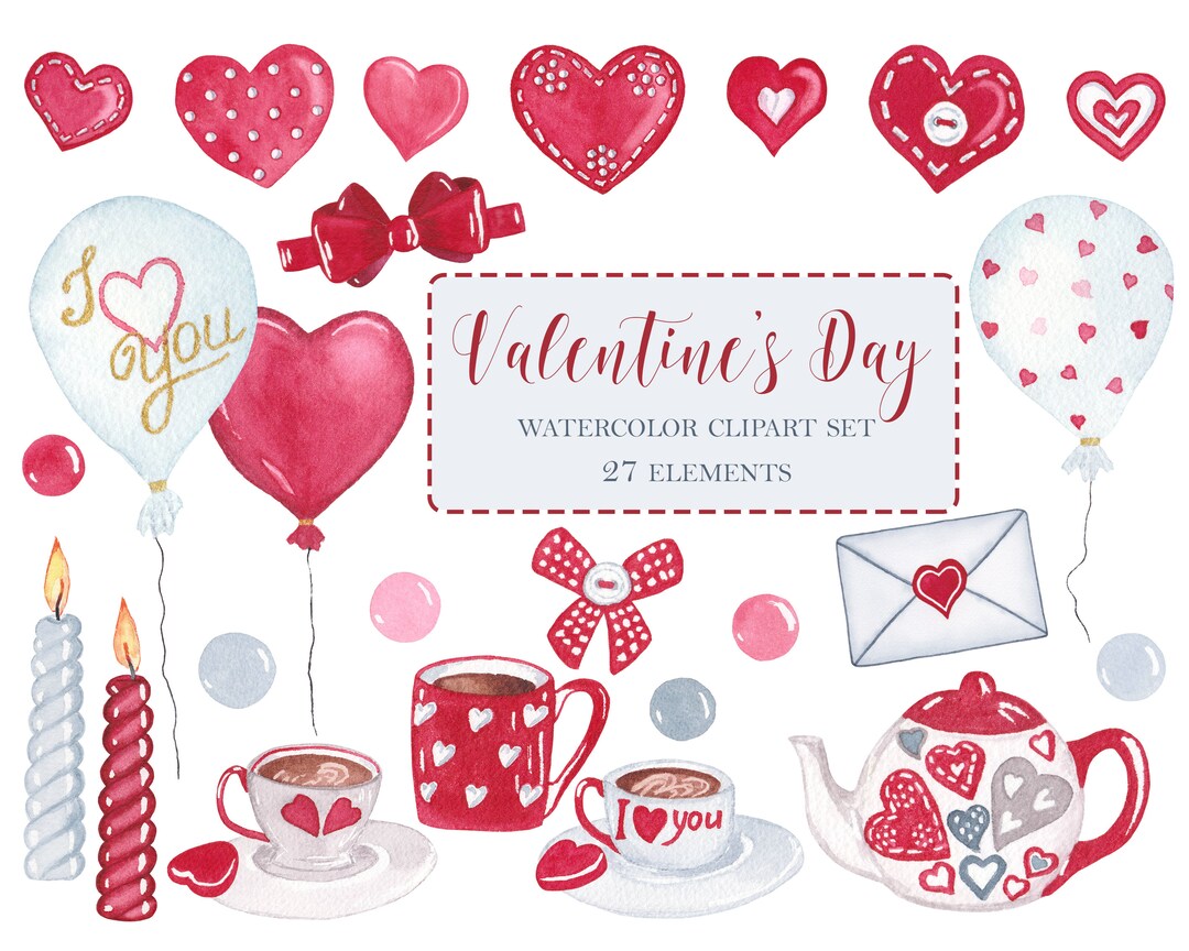 VALENTINE'S DAY Clipart Set With Handpainted Hearts, Coffee Cups ...