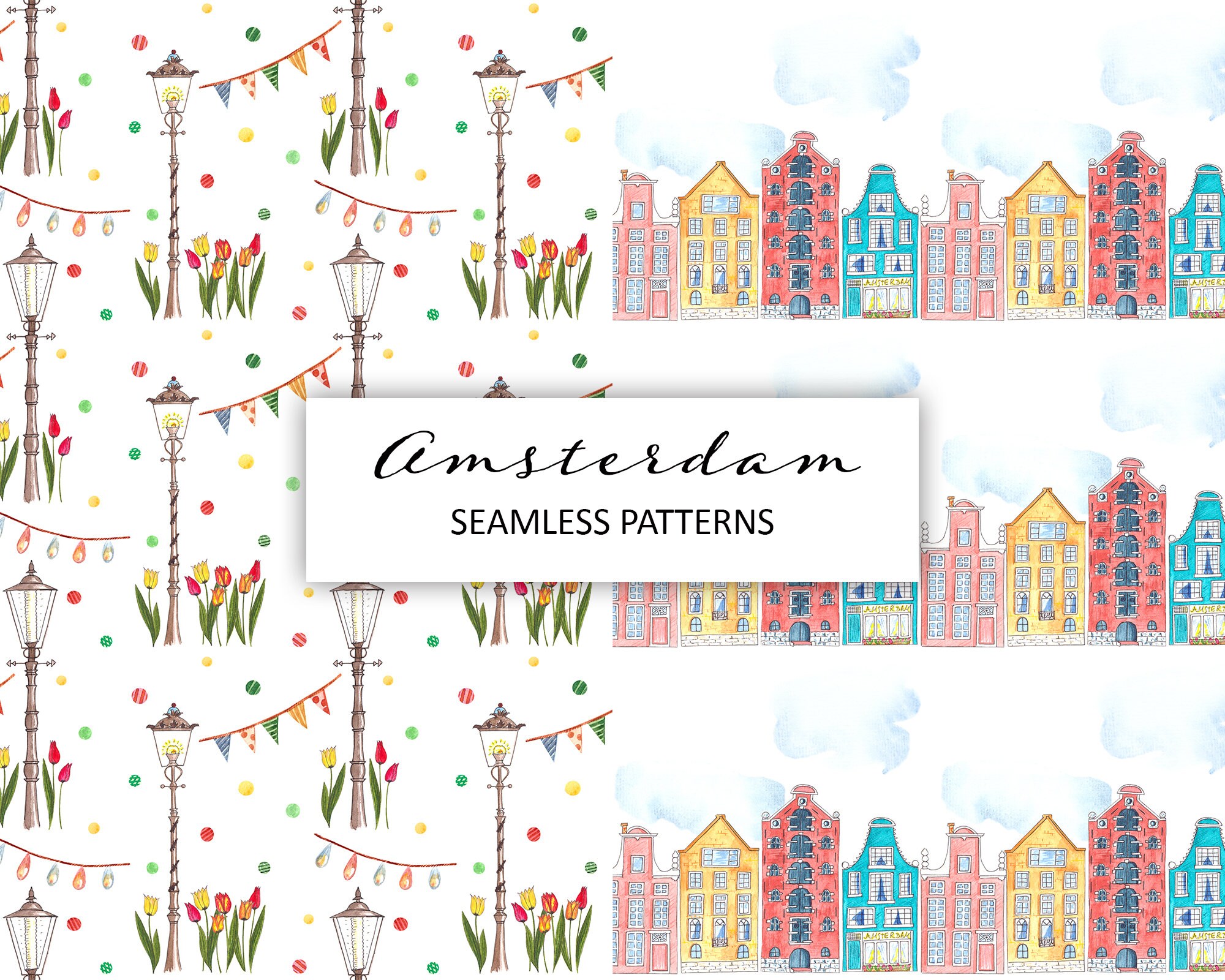 AMSTERDAM Seamless Pattern Set With Watercolor Illustrations of ...