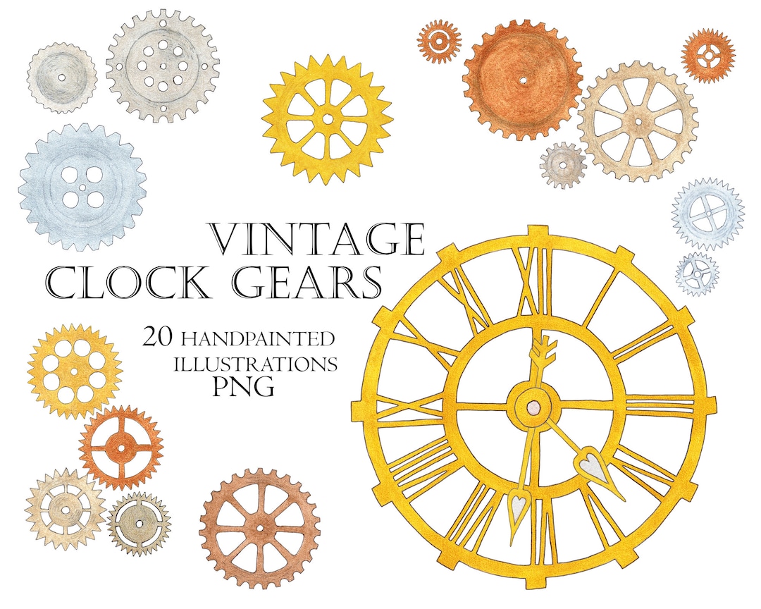 VINTAGE CLOCK GEARS Png Clipart Set With 20 Hand-painted Clock Elements ...