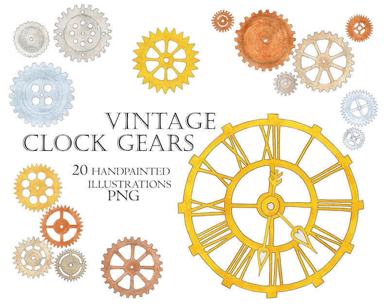 VINTAGE CLOCK GEARS Png Clipart Set With 20 Hand-painted Clock Elements ...