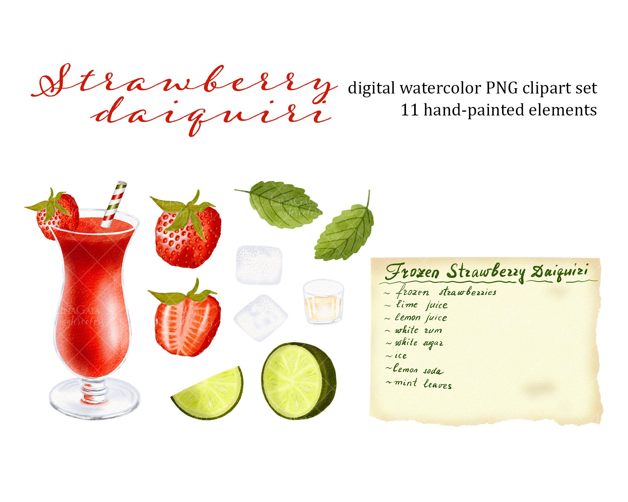 STRAWBERRY DAIQUIRI Digital Watercolor Clipart Set of a Strawberry ...