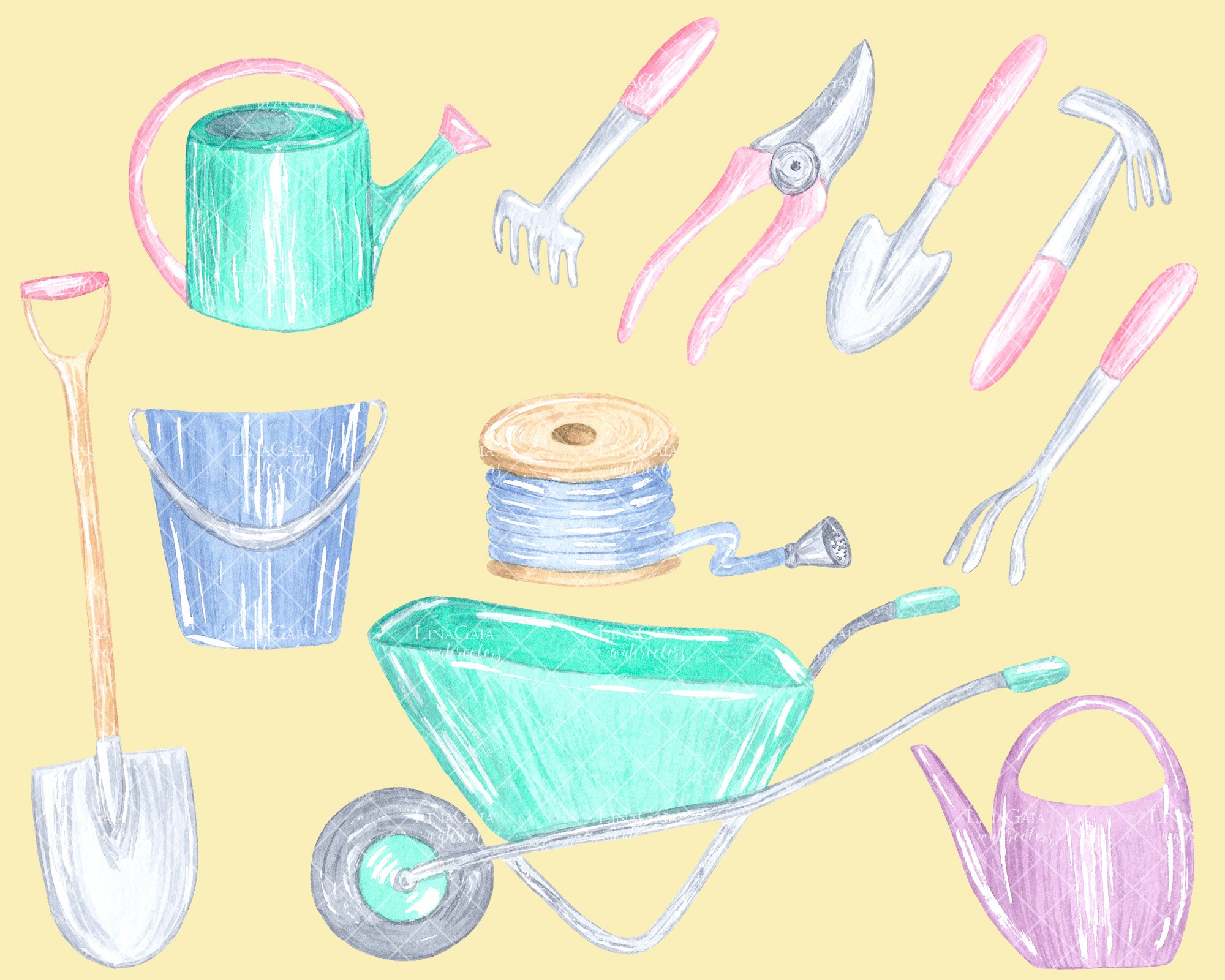 PASTEL GARDENING TOOLS Spring Clipart Set With Wheelbarrow, Pruners ...