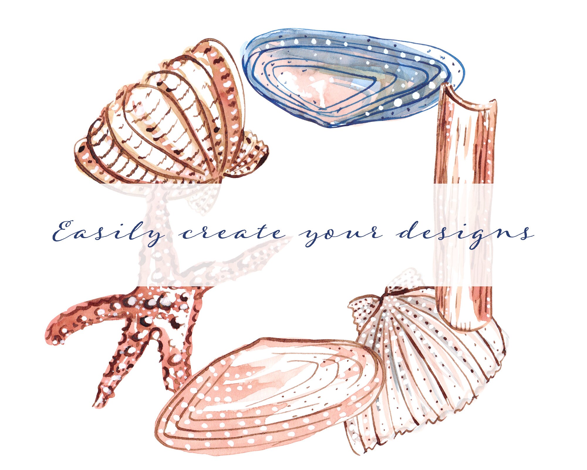 BLUE & BROWN SEASHELLS Watercolor Clipart Set With Shells and Starfish ...