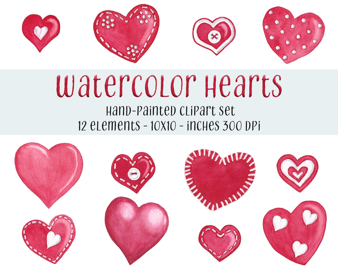 WATERCOLOR HEARTS Clipart Set With 12 Cute Hand-painted Red and White ...
