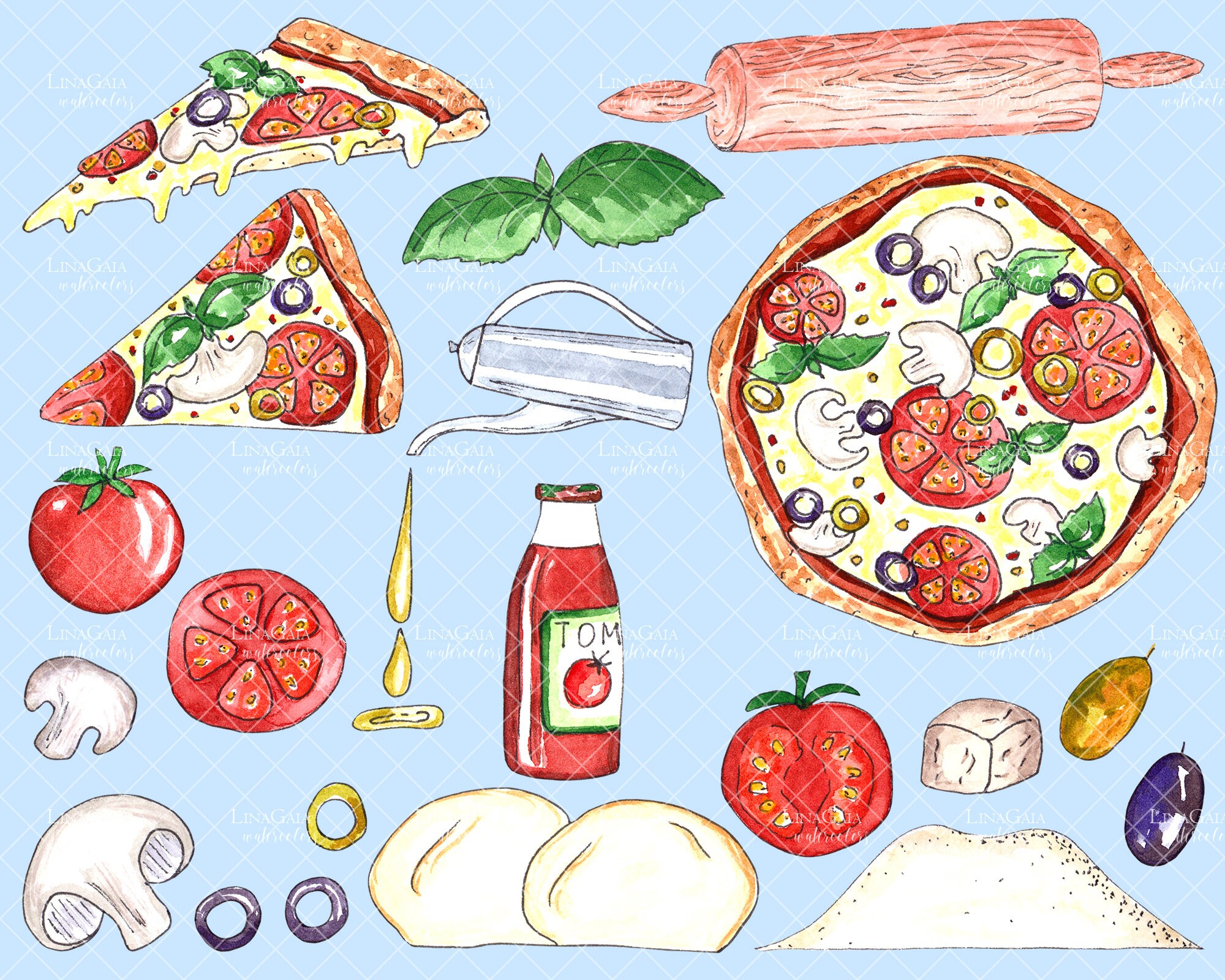 ITALIAN PIZZA Clipart Set With Pizza, Tomatoes, Basil, Olives and More ...