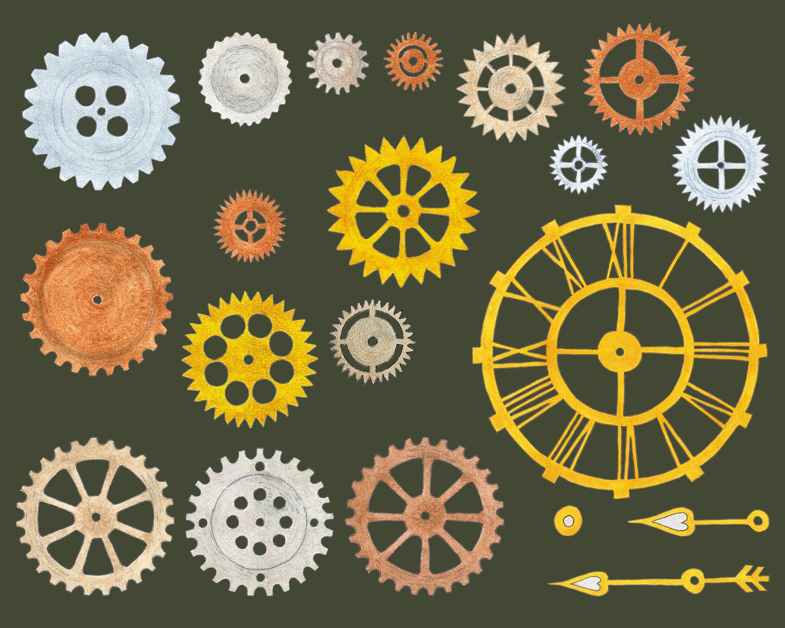 VINTAGE CLOCK GEARS Png Clipart Set With 20 Hand-painted Clock Elements ...