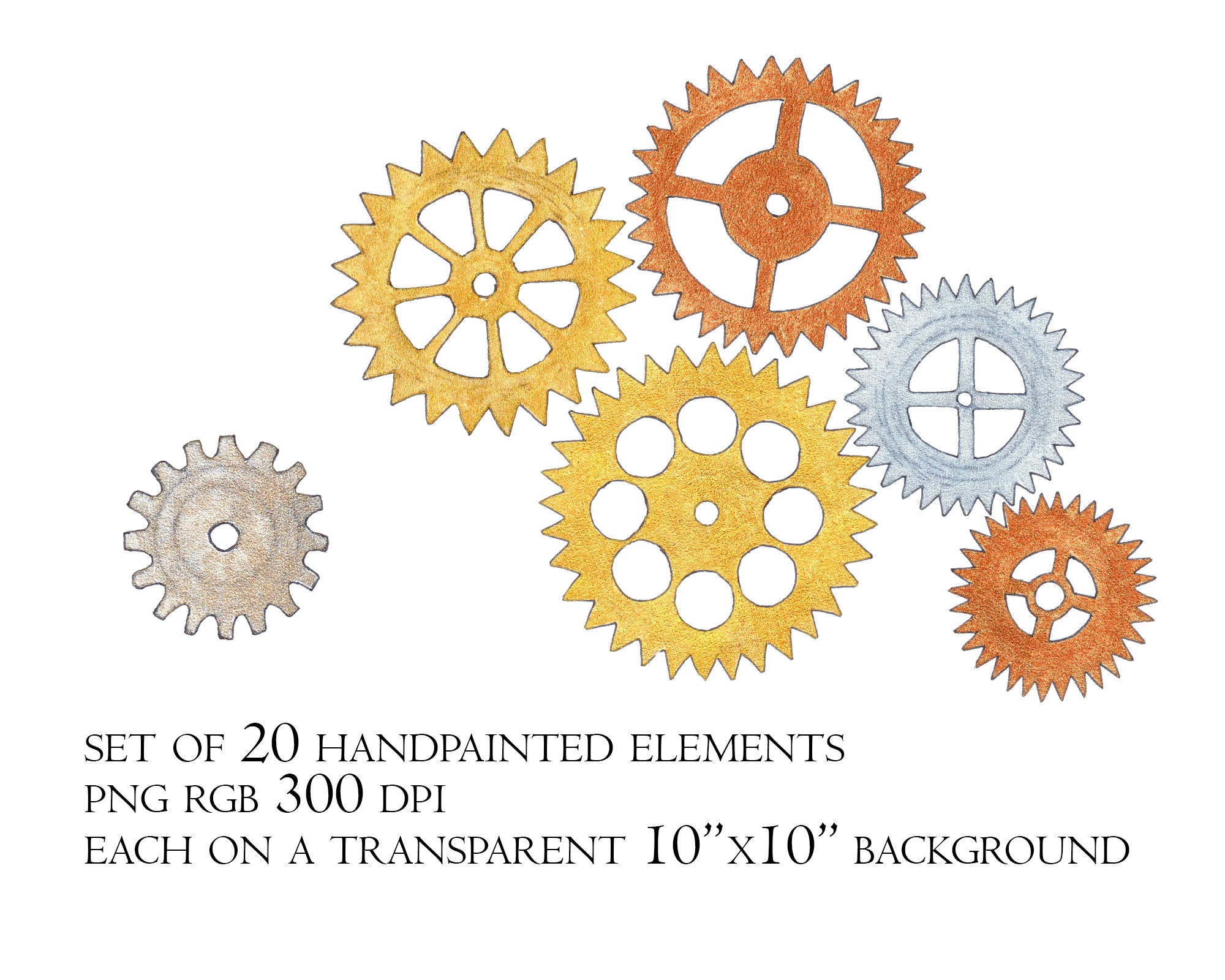 VINTAGE CLOCK GEARS Png Clipart Set With 20 Hand-painted Clock Elements ...